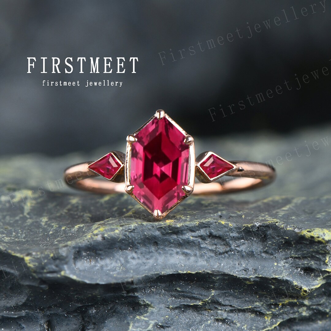 Lab Ruby Engagement Ring Kite Cut Red Gemstone Ring Ruby Half Eternity ...