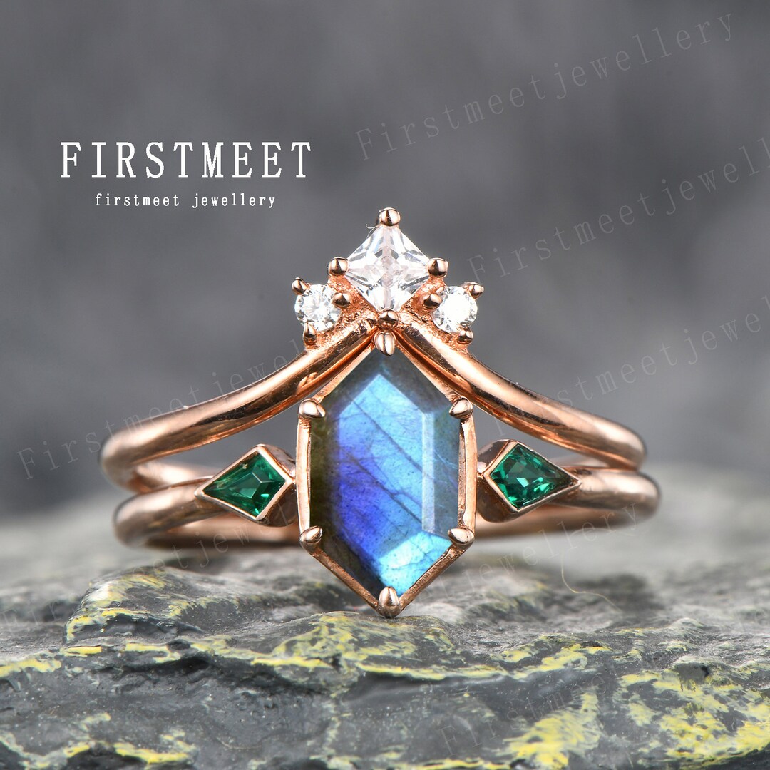 Labradorite Engagement Ring Kite Cut Emerald Wedding Ring Hexagon Shape ...