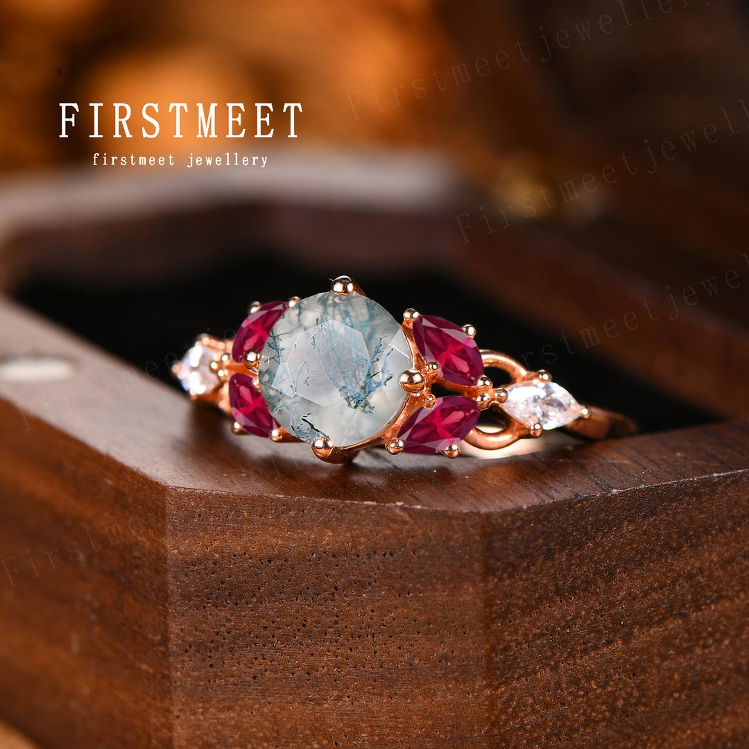 Ruby Moss Agate Diamond Engagement Ring in 14K/18K Rose Gold Marquise ...
