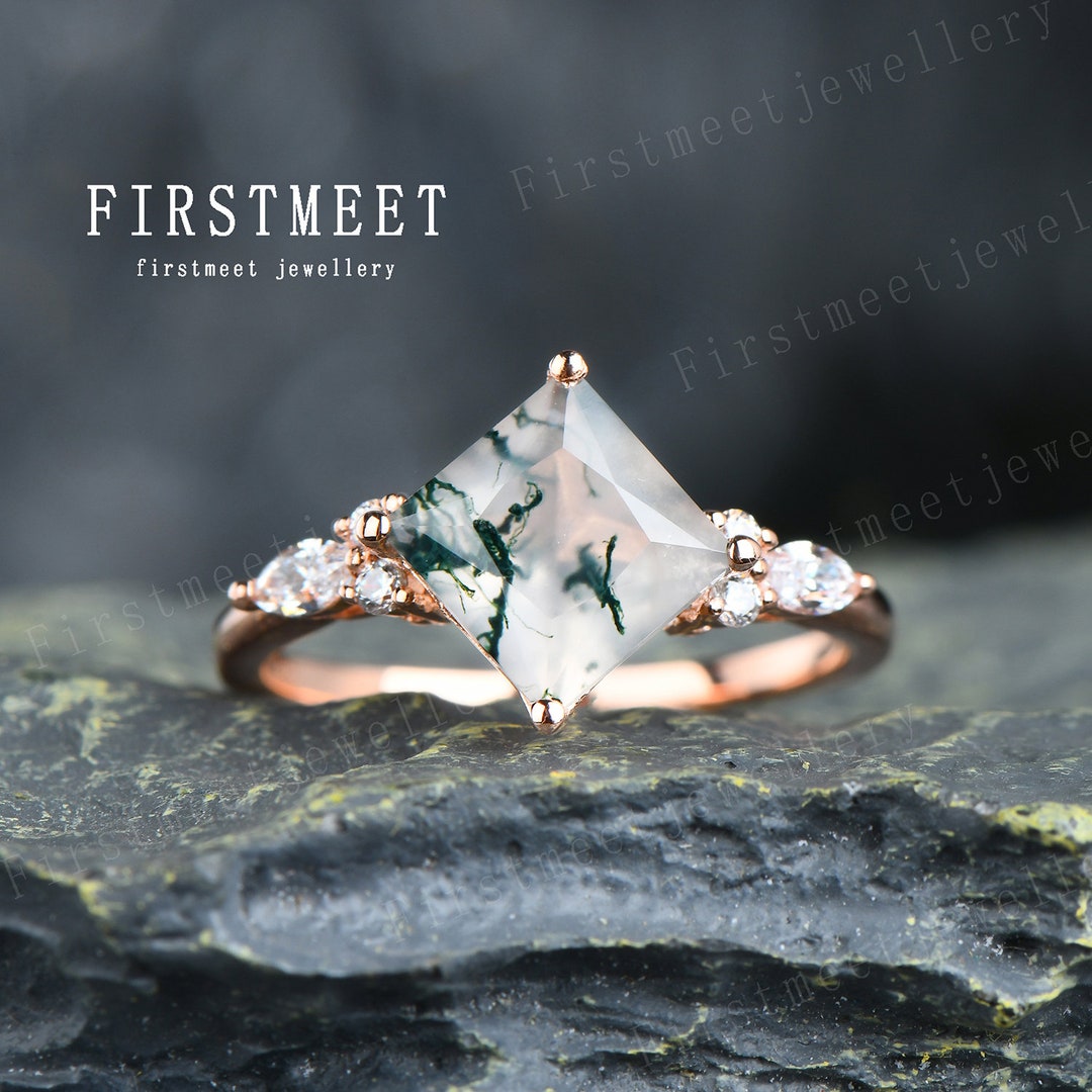 Unique Princess Cut Moss Agate Engagement Ring, Moss Agate Ring ...