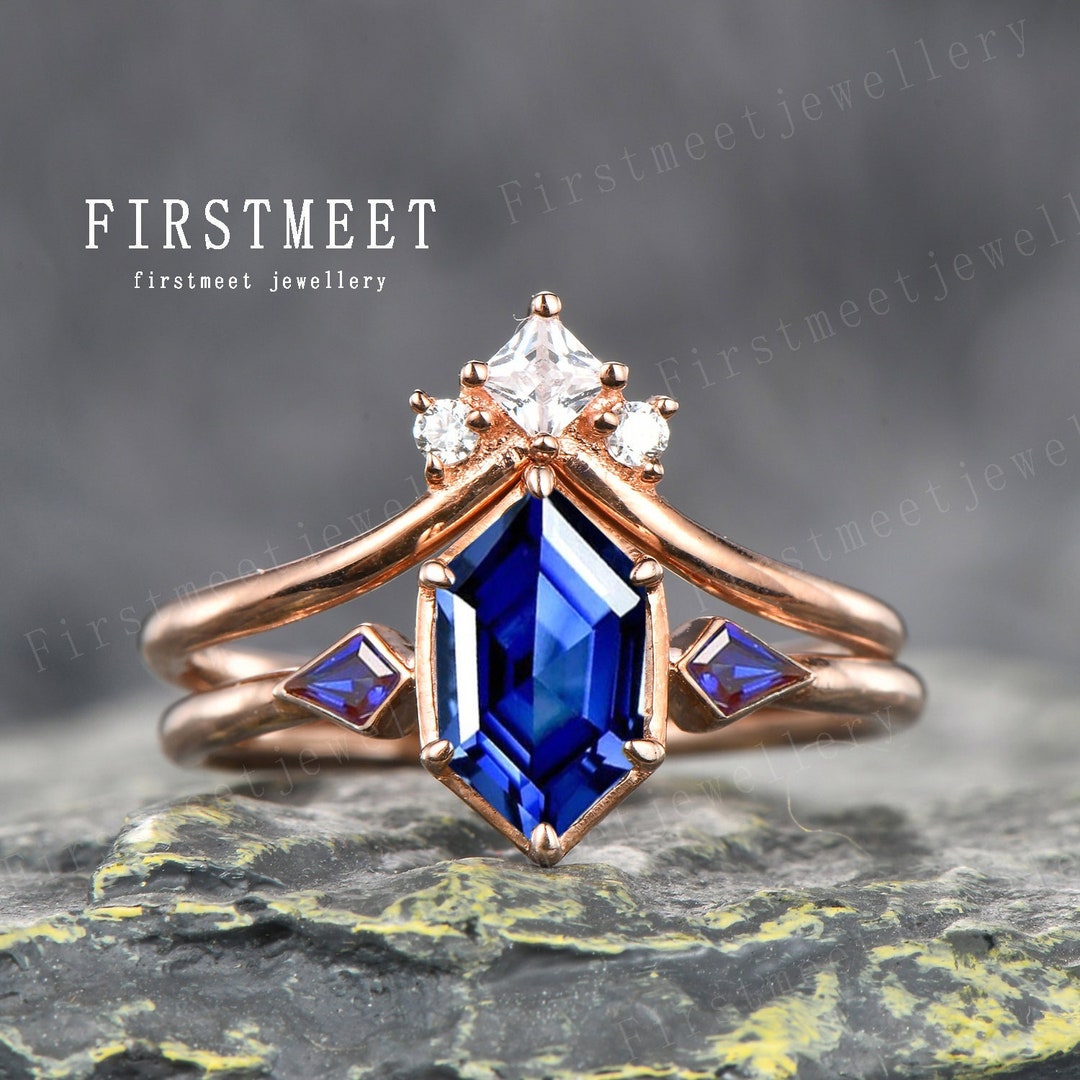 Blue Sapphire Wedding Ring Set Art Deco Rose Gold Bridal Ring Blue ...