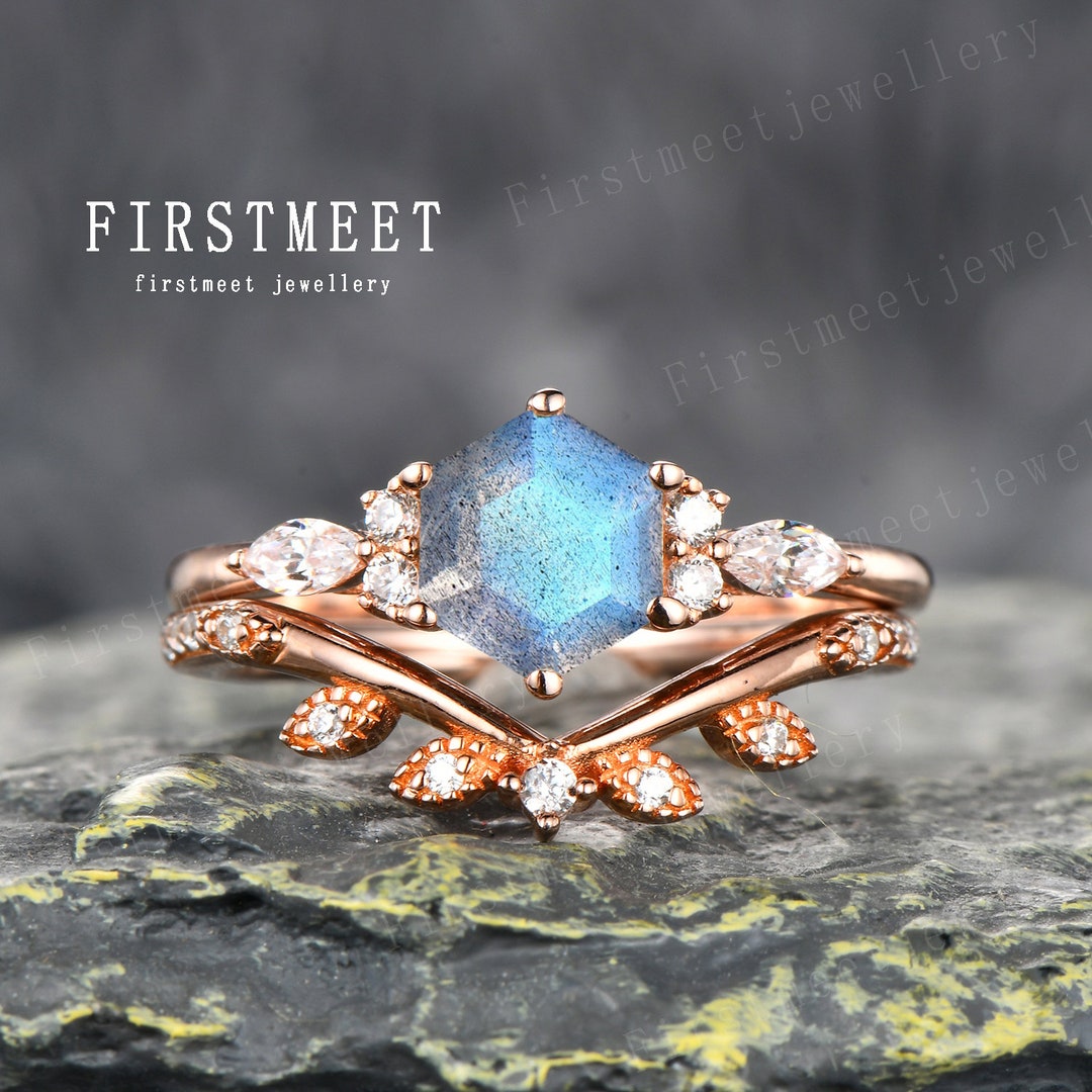 Vintage Labradorite Wedding Ring Hexagon Shape Engagement Ring Art Deco ...