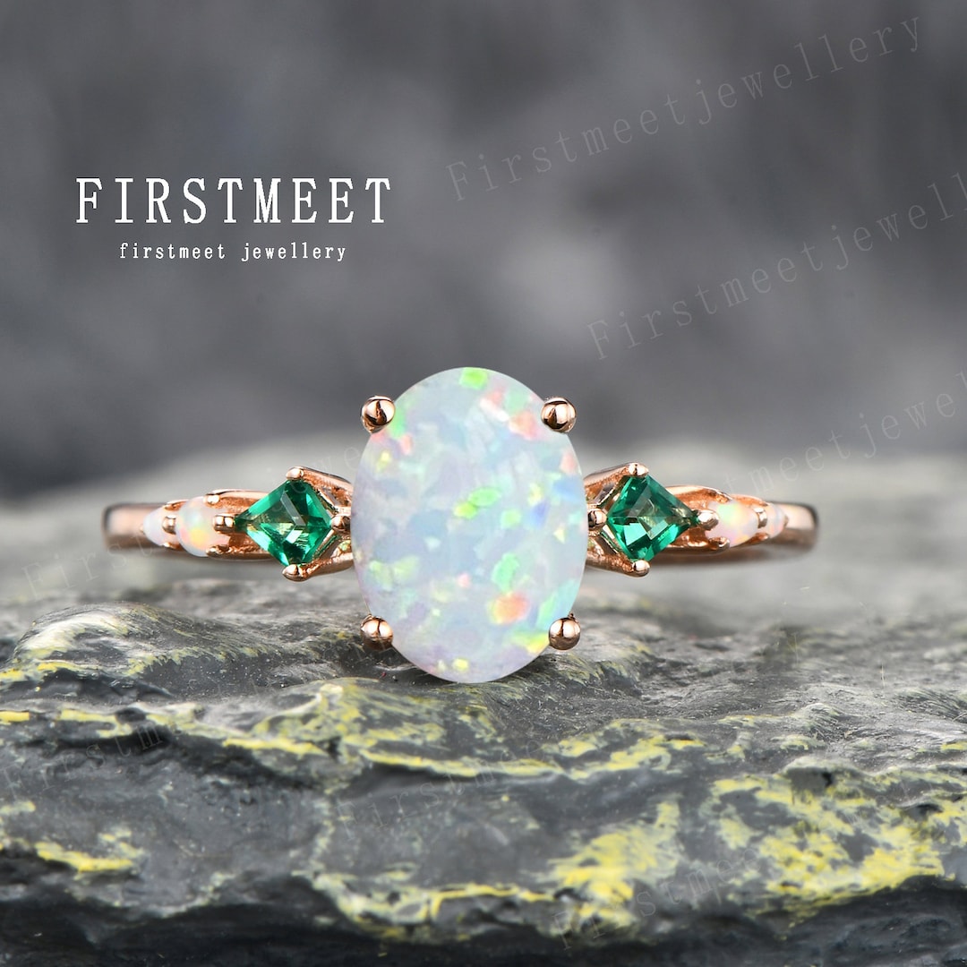 Oval Shape Opal Engagement Ring October Birthstone Ring Green Emerald ...