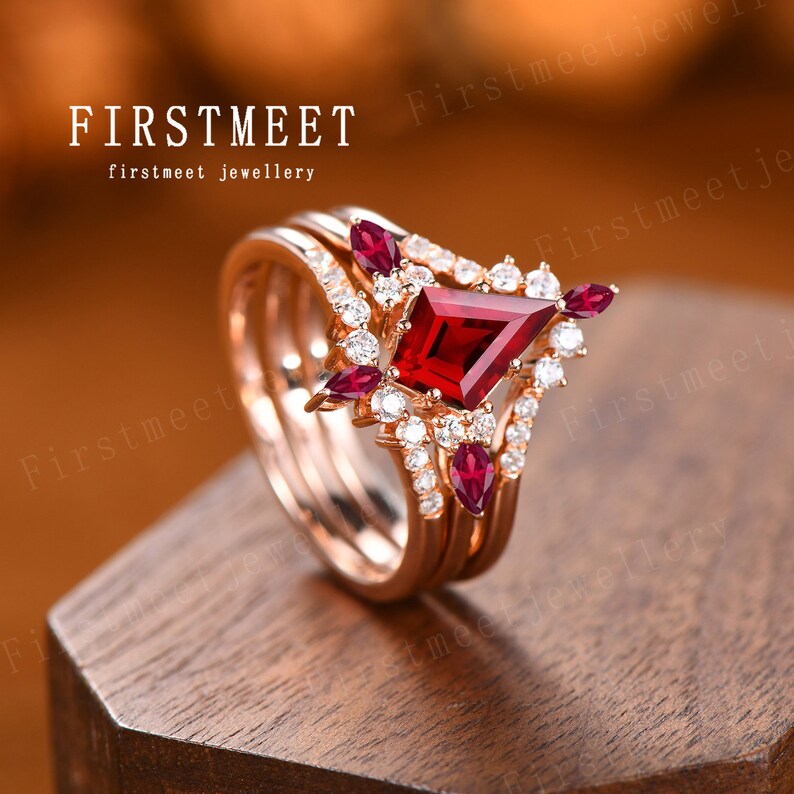 Vintage Kite Cut Red Ruby Engagement Ring Solid 14K Rose Gold Tiara ...