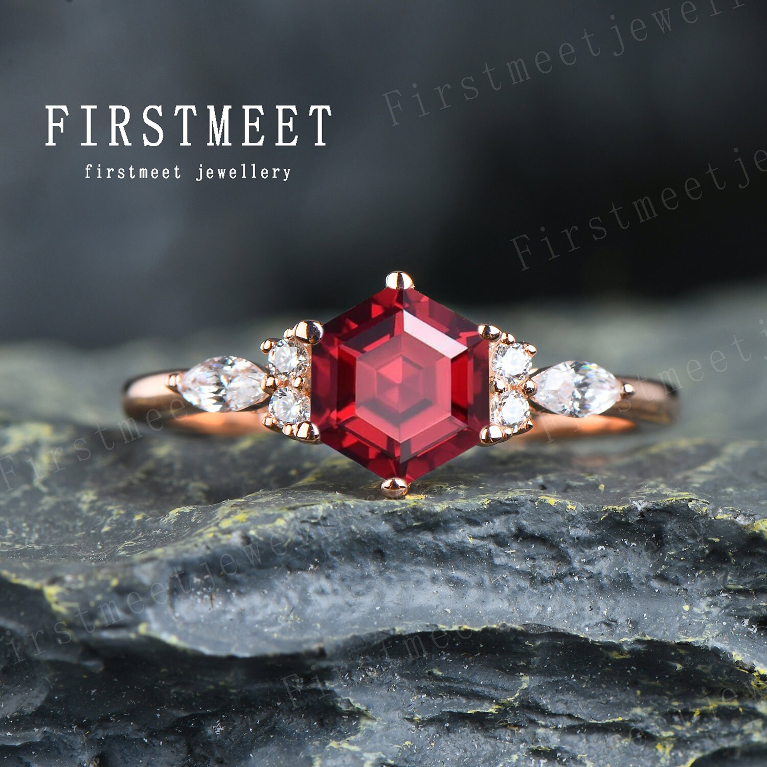 Hexagon Cut Red Ruby Ring Unique Ruby Engagement Ring July Birthstone ...