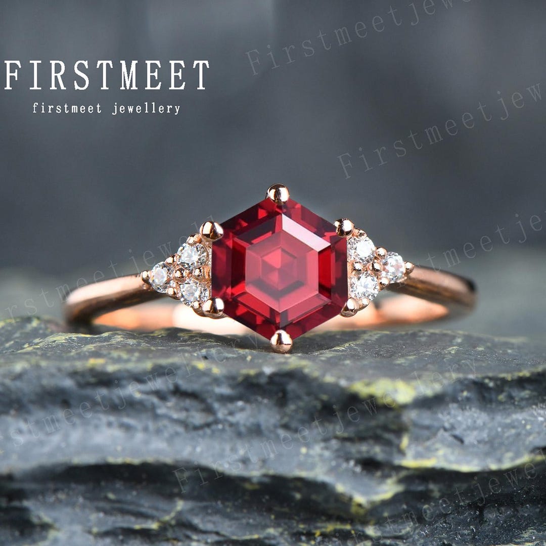 Hexagon Shaped Ruby Ring Round Cut Gemstone Engagement Ring Art Deco ...