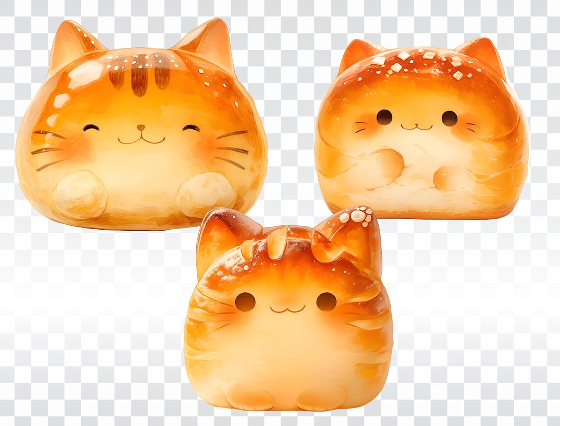 Adorable Kawaii Cute Cat Bread Clipart Bundle Set of 14 PNG Images, Cat ...