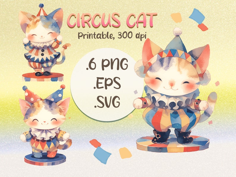 Kawaii Circus Cat PNG Vector SVG Printable, Cute Cat Clipart, Digital ...