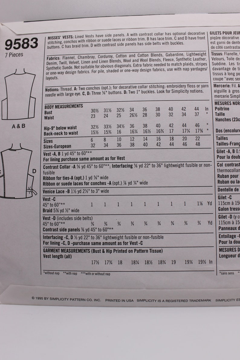 Simplicity 9583, 90s Vest Sewing Pattern, UNCUT and VINTAGE - Etsy