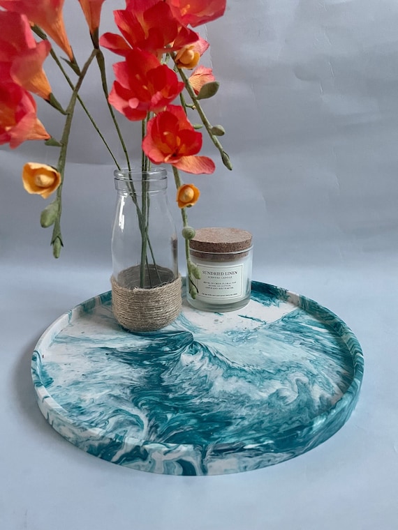 Handmade Unique Teal Marble Effect Tray Diameter 26.5cm Circular Decorative Plate Mothers Day Gift Gift Ideas Home Decor Etsy UK