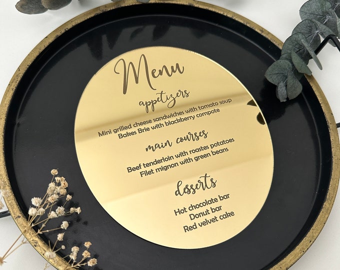 Engraved Mirror Menu, Luxury Wedding Décor, Silver, Gold, Rose Gold ...