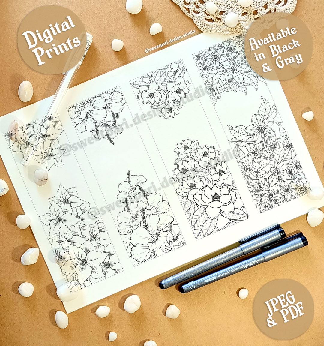Floral Adult Coloring DIY Bookmarks | Set of 2 With and Without Text in ...
