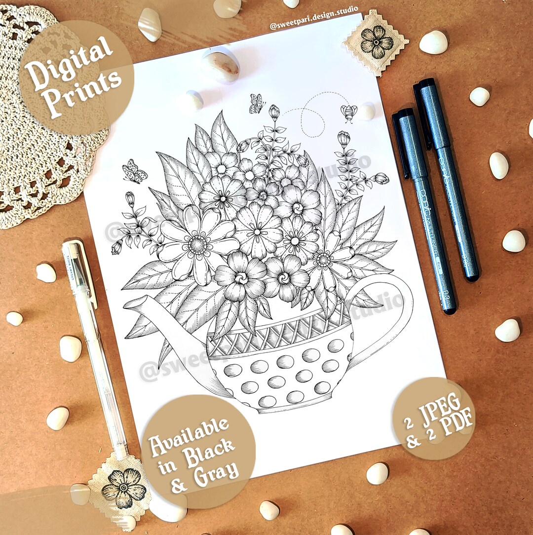 Teapot Flower Vase | Coloring Pages | Instant Digital Download in Black ...