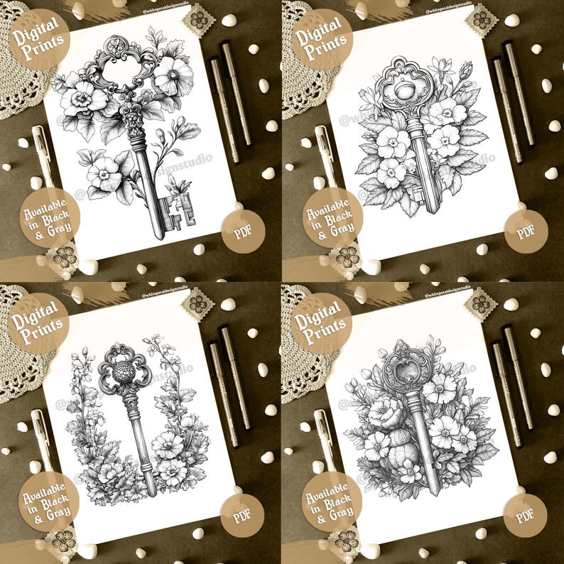 25 Vintage Keys With Floral Elements | Instant Digital Download | A4 ...