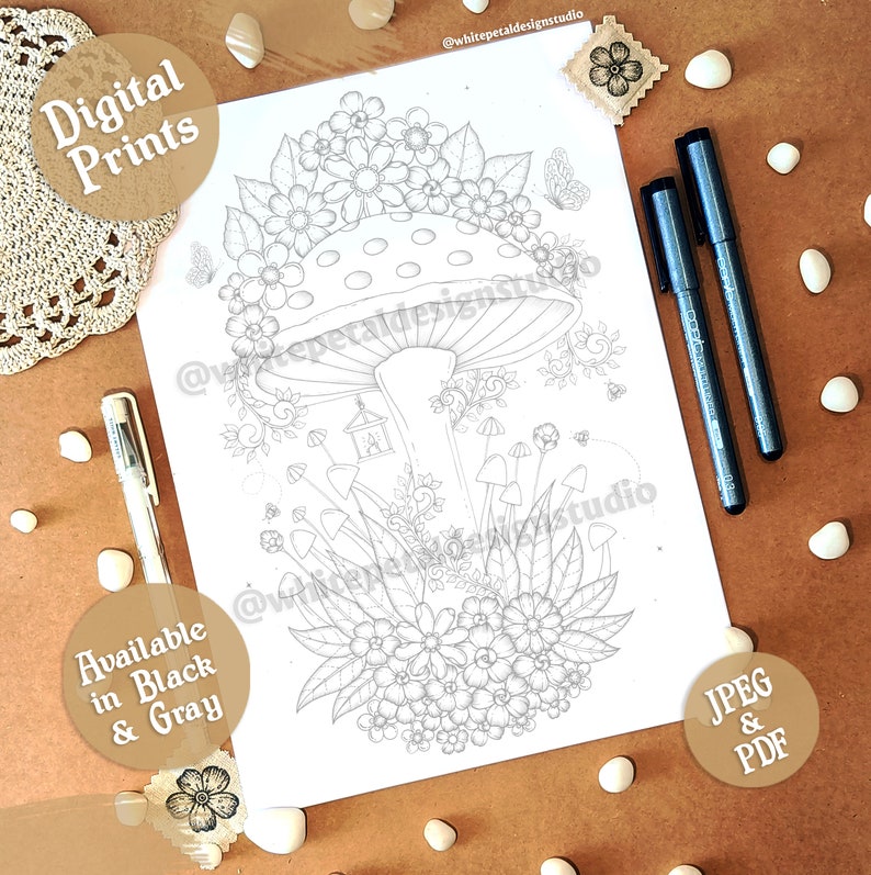 Mashroom - Floral Coloring Page | Instant Digital Download | 3 ...
