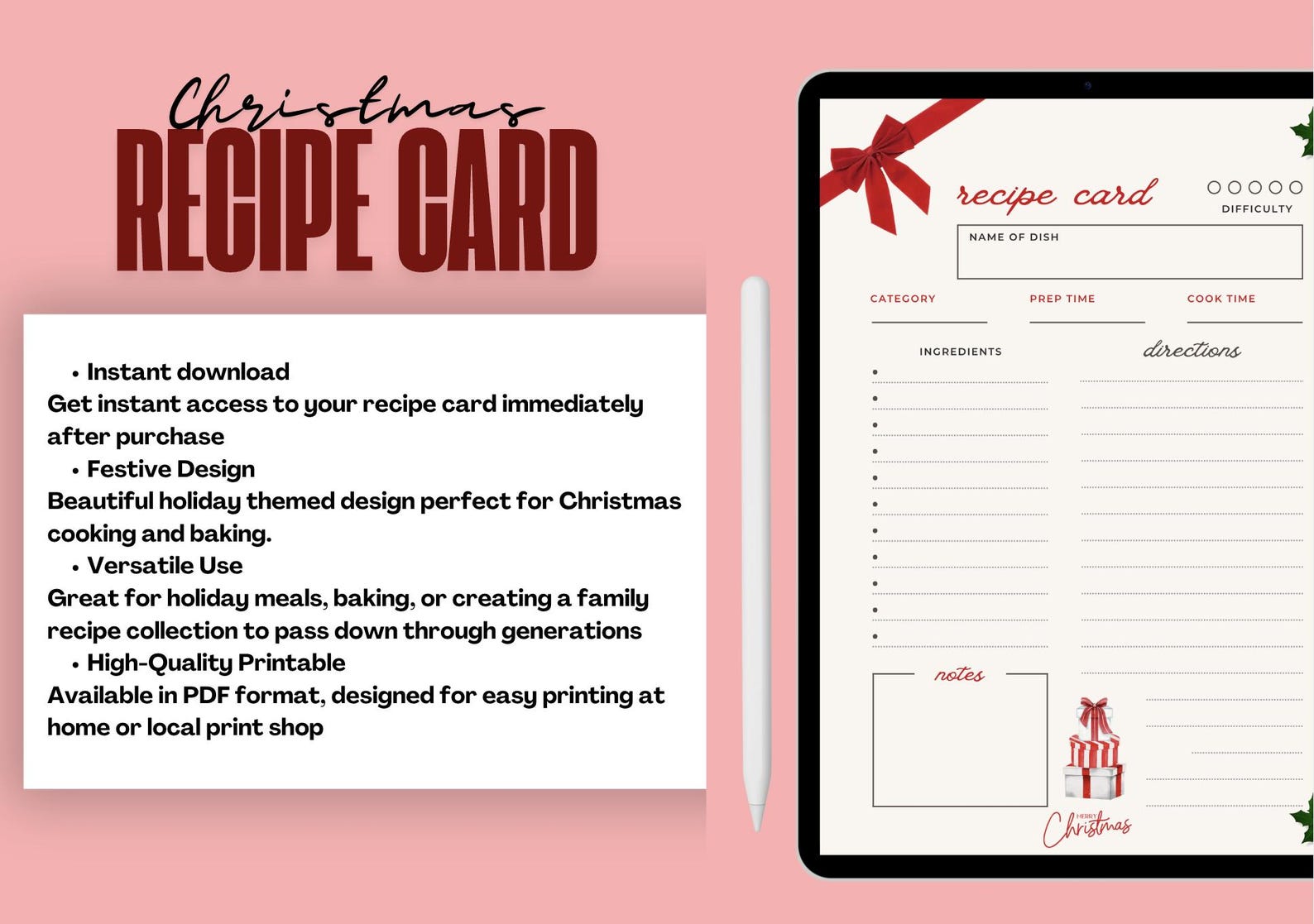 Christmas Recipe Card Printable Holiday Recipe Template - Etsy