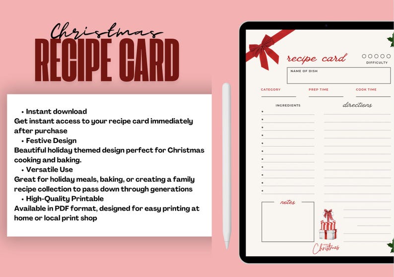 Christmas Recipe Card Printable Holiday Recipe Template - Etsy