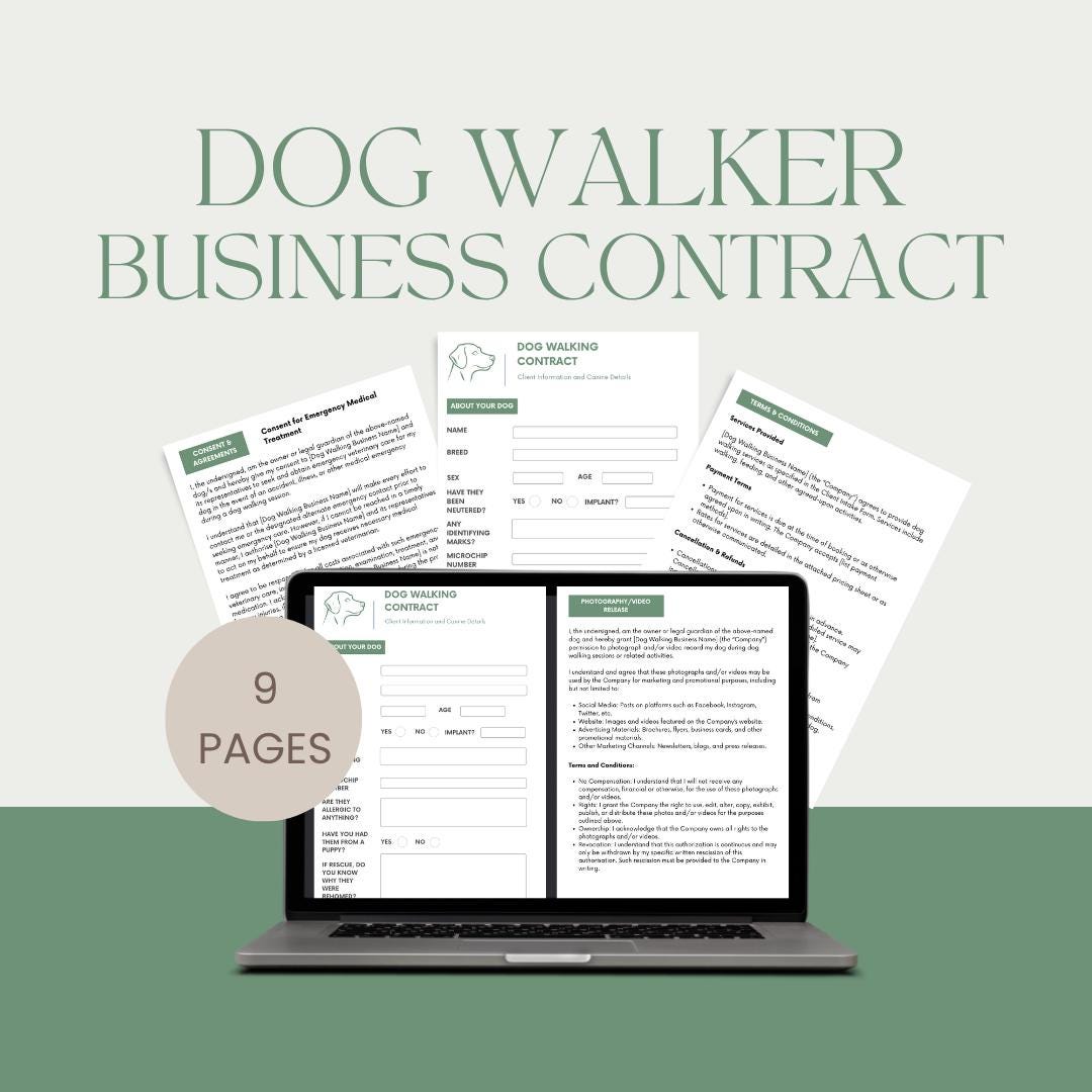 Dog Walkers Business Contract Template: Canva Editable Forms (digital ...