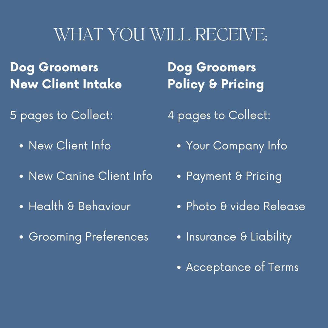 Dog Grooming Client Intake Form Template: Business Contract & Price ...