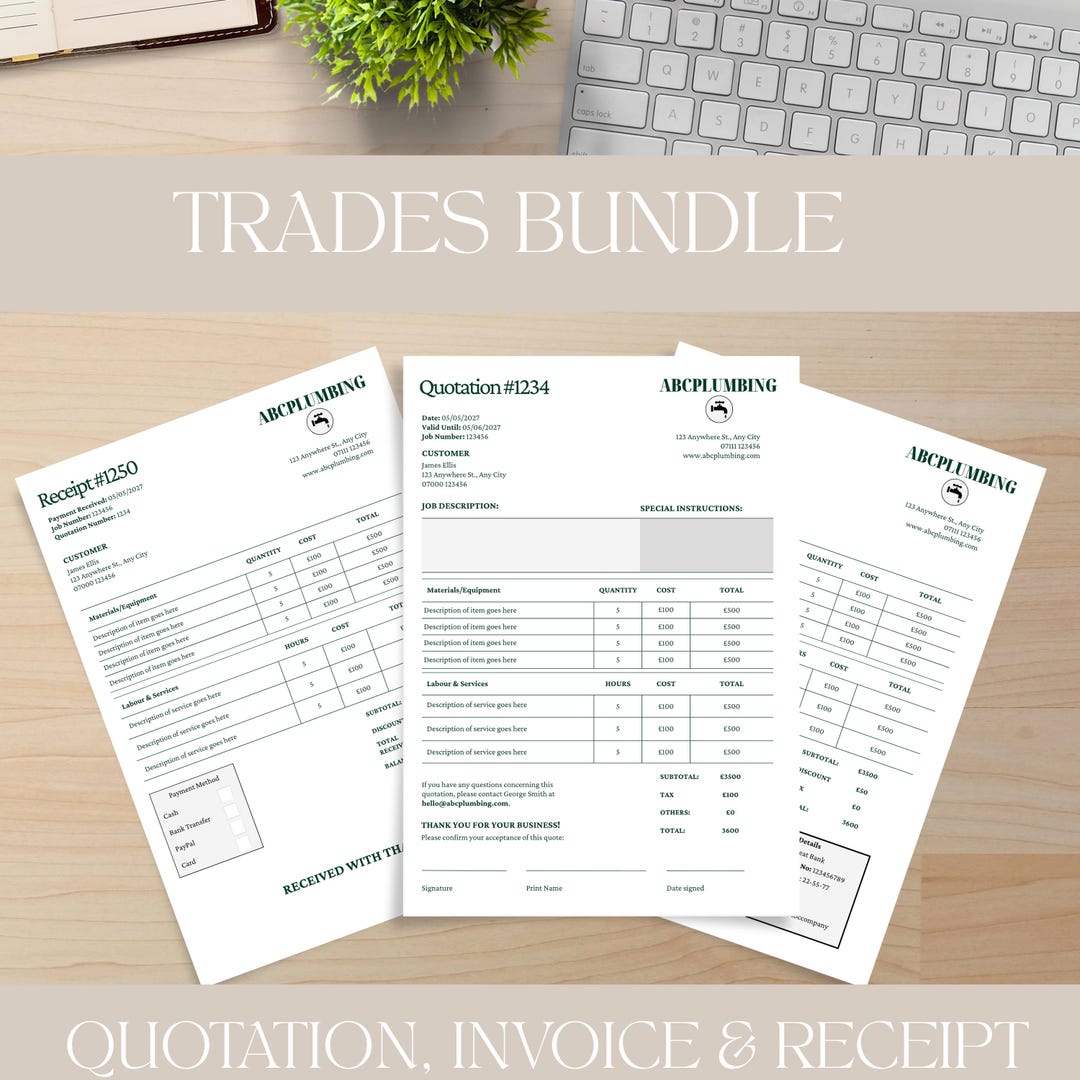 Trades Quotation, Invoice and Receipt Template Bundle: Simple Business ...