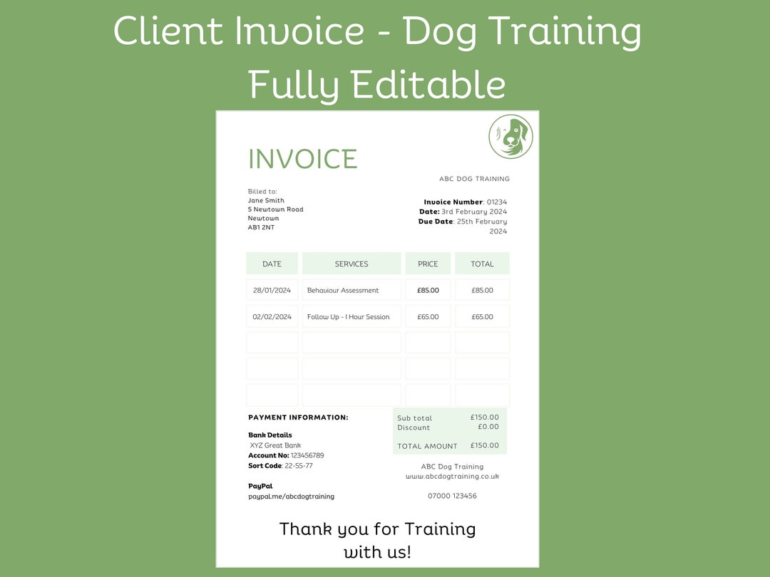 Invoice Template Dog Training Invoice Pet Business Template Invoicing ...