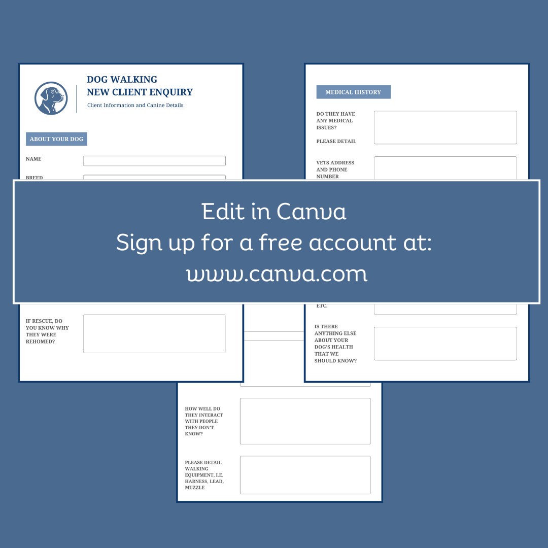 Dog Walker Client Intake Form Template: Editable Canva Forms (digital ...