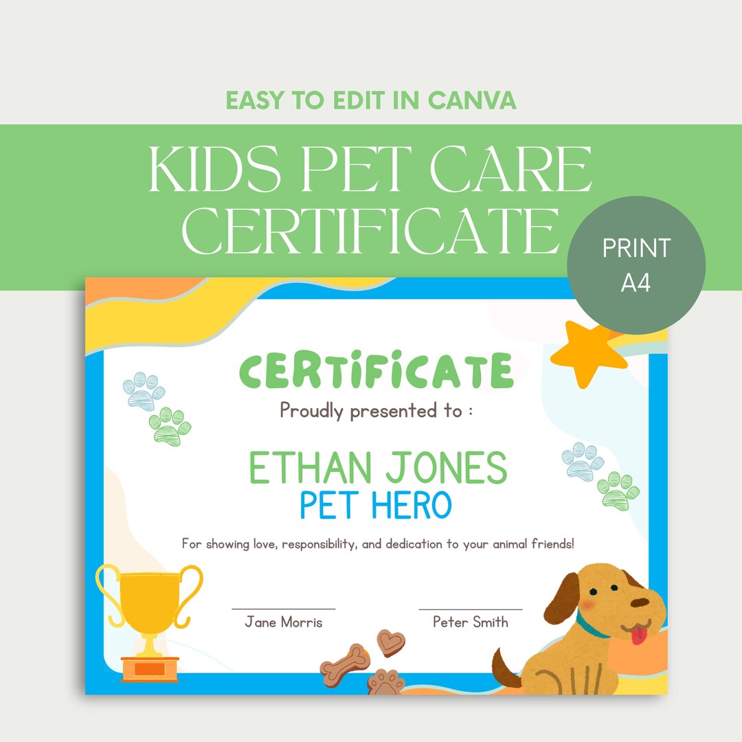 Printable Pet Care Hero Certificate for Kids – Editable Pet Award ...