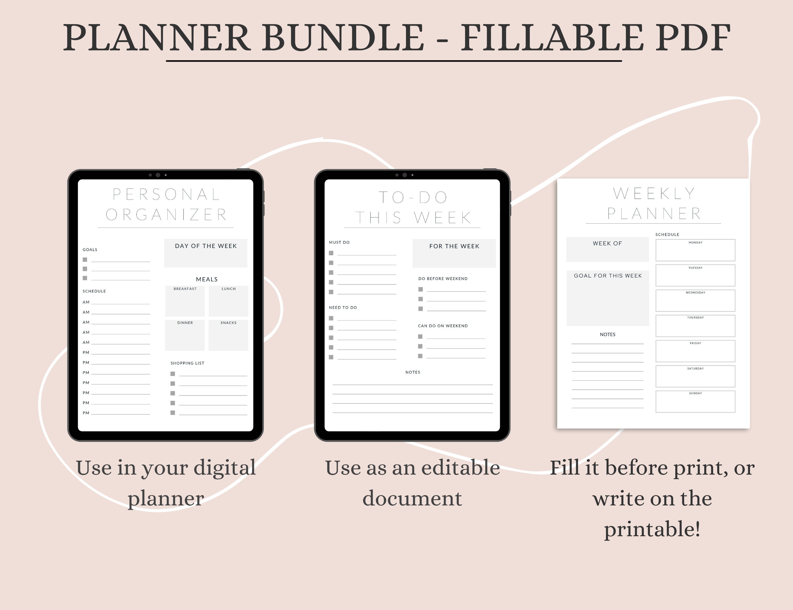 Editable Planner Bundle, PDF File, Fillable, Printable, Daily Planner ...