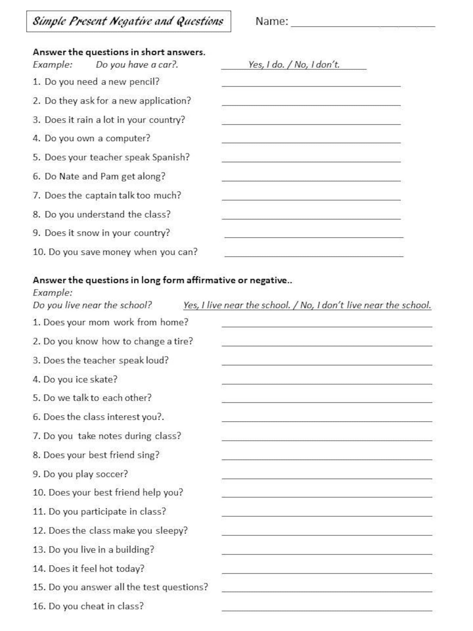 Simple Present Negative and Question Form Practice Printable - Etsy