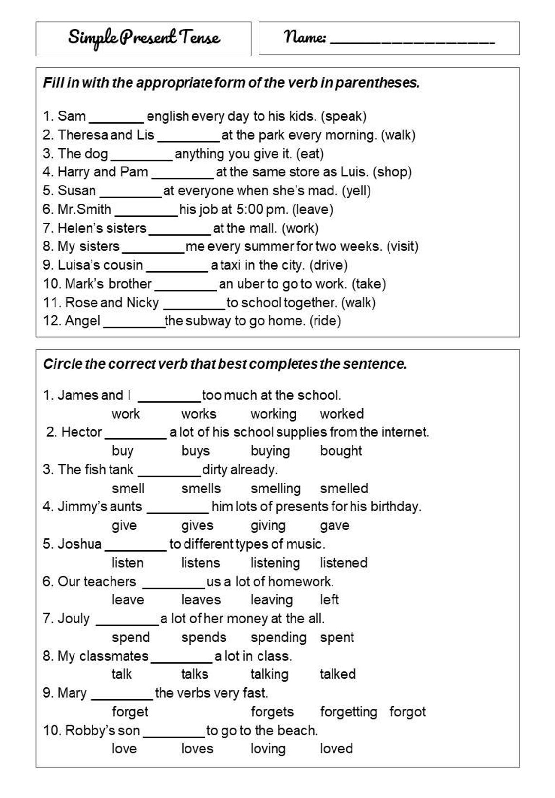 Simple Present Tense Practice Printable - Etsy