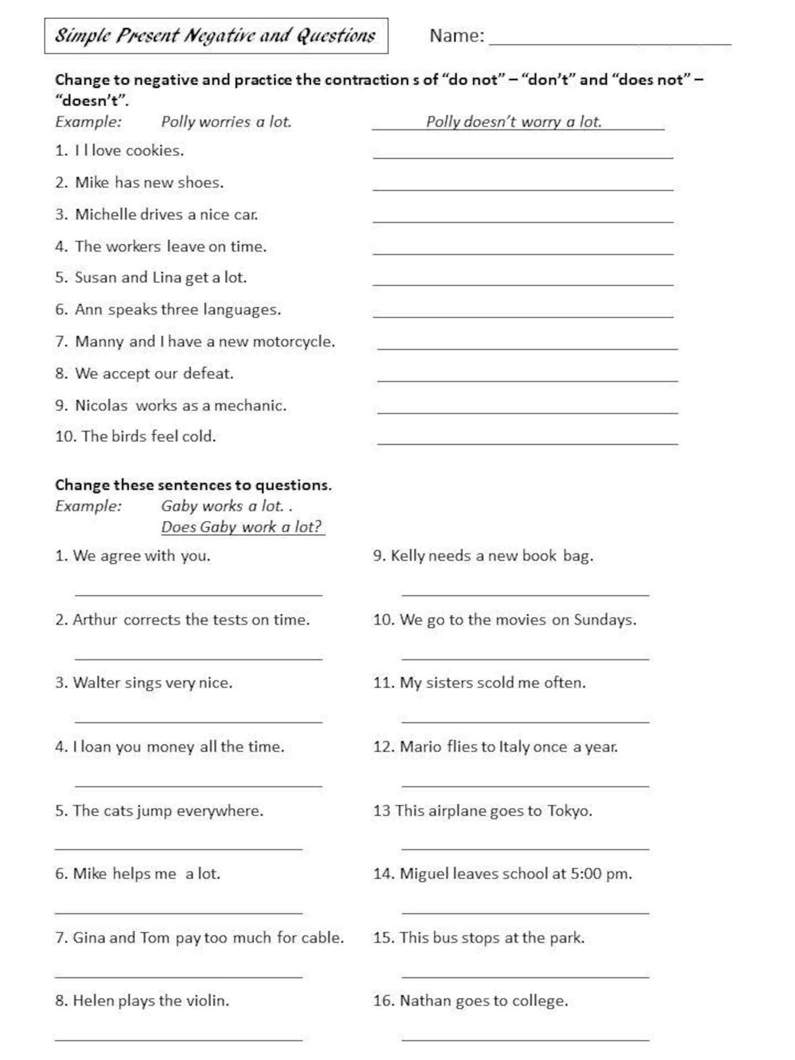 Simple Present Negative and Question Form Practice Printable - Etsy