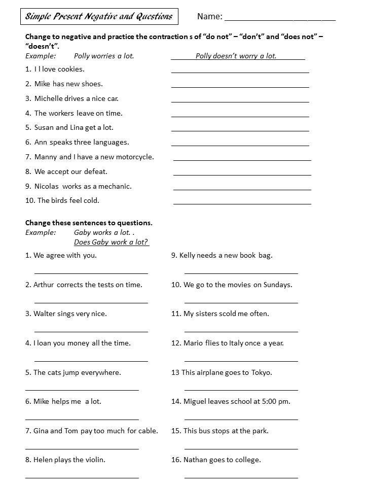 Simple Present Negative and Question Form Practice Printable - Etsy