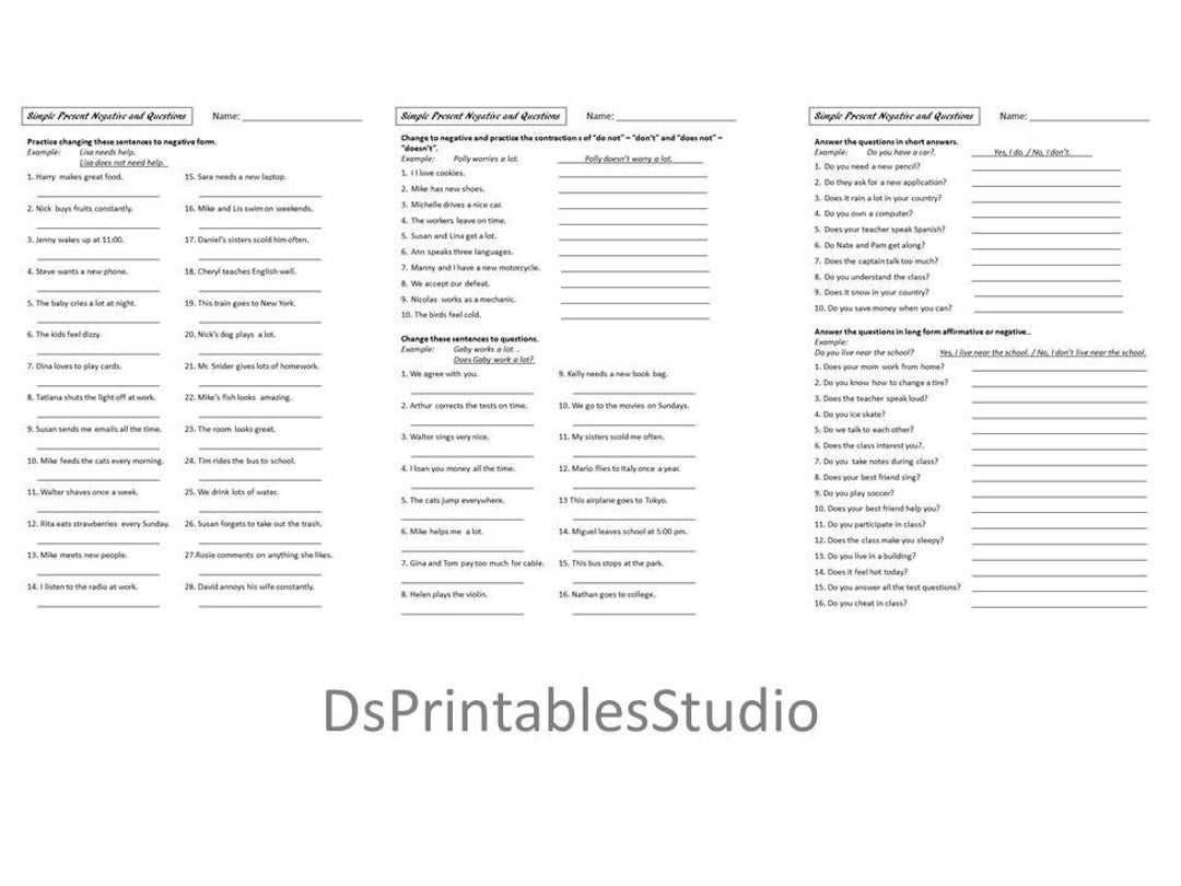 Simple Present Negative and Question Form Practice Printable - Etsy