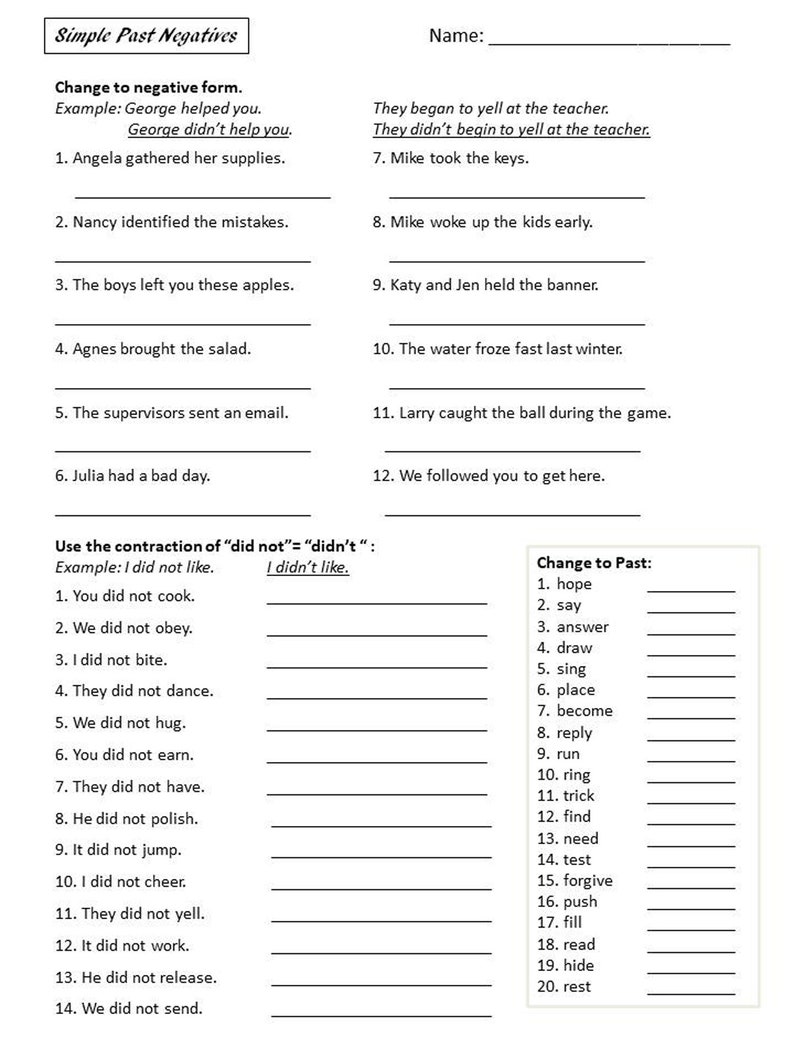 Simple Past Negative Practice Printable - Etsy Canada