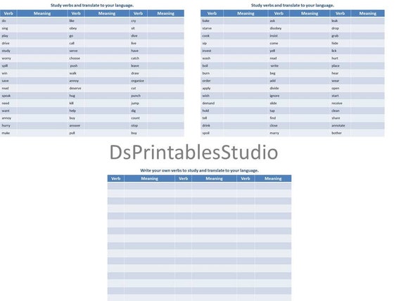 Verbs Sheet Translate to Your Language - Etsy