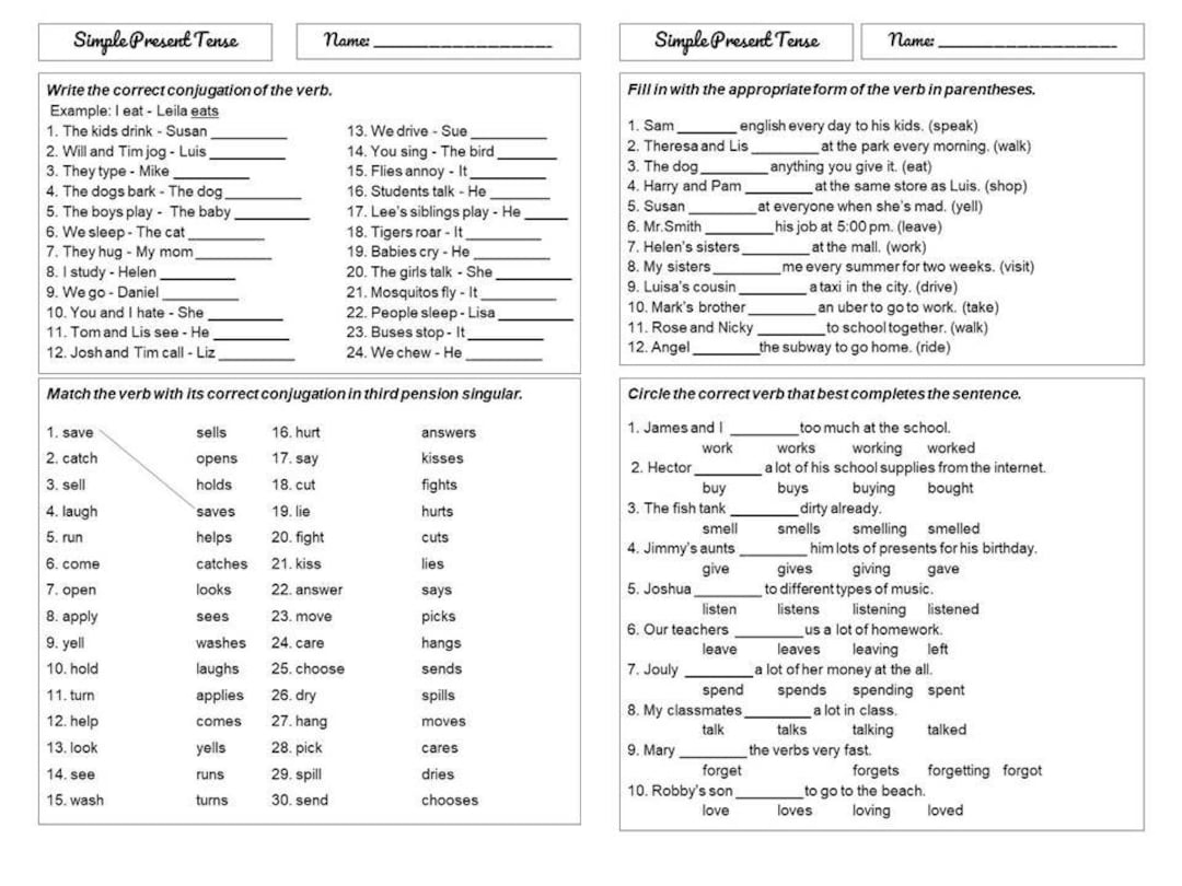 Simple Present Tense Practice Printable - Etsy