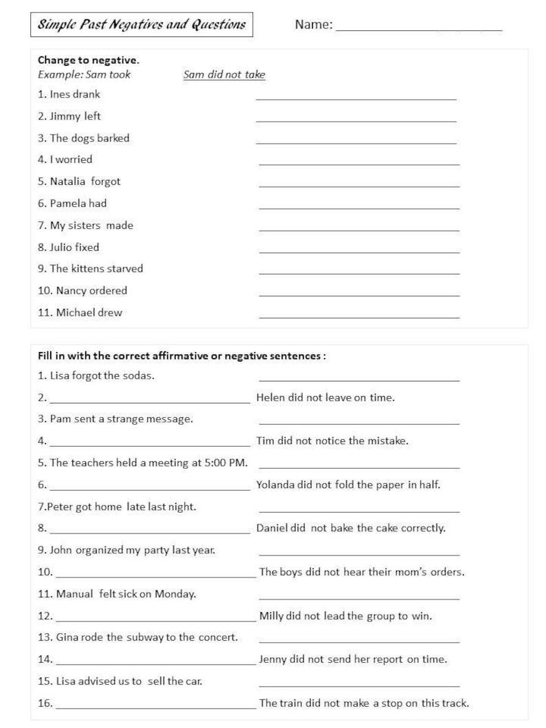 Simple Past Negative and Questions Practice Printable - Etsy