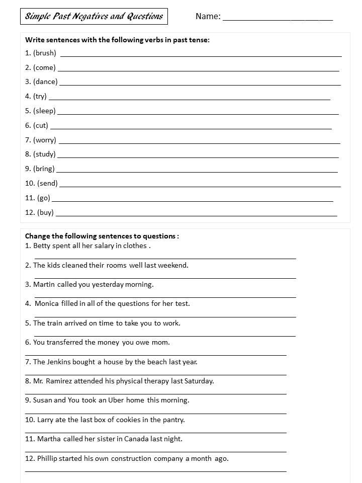 Simple Past Negative and Questions Practice Printable - Etsy