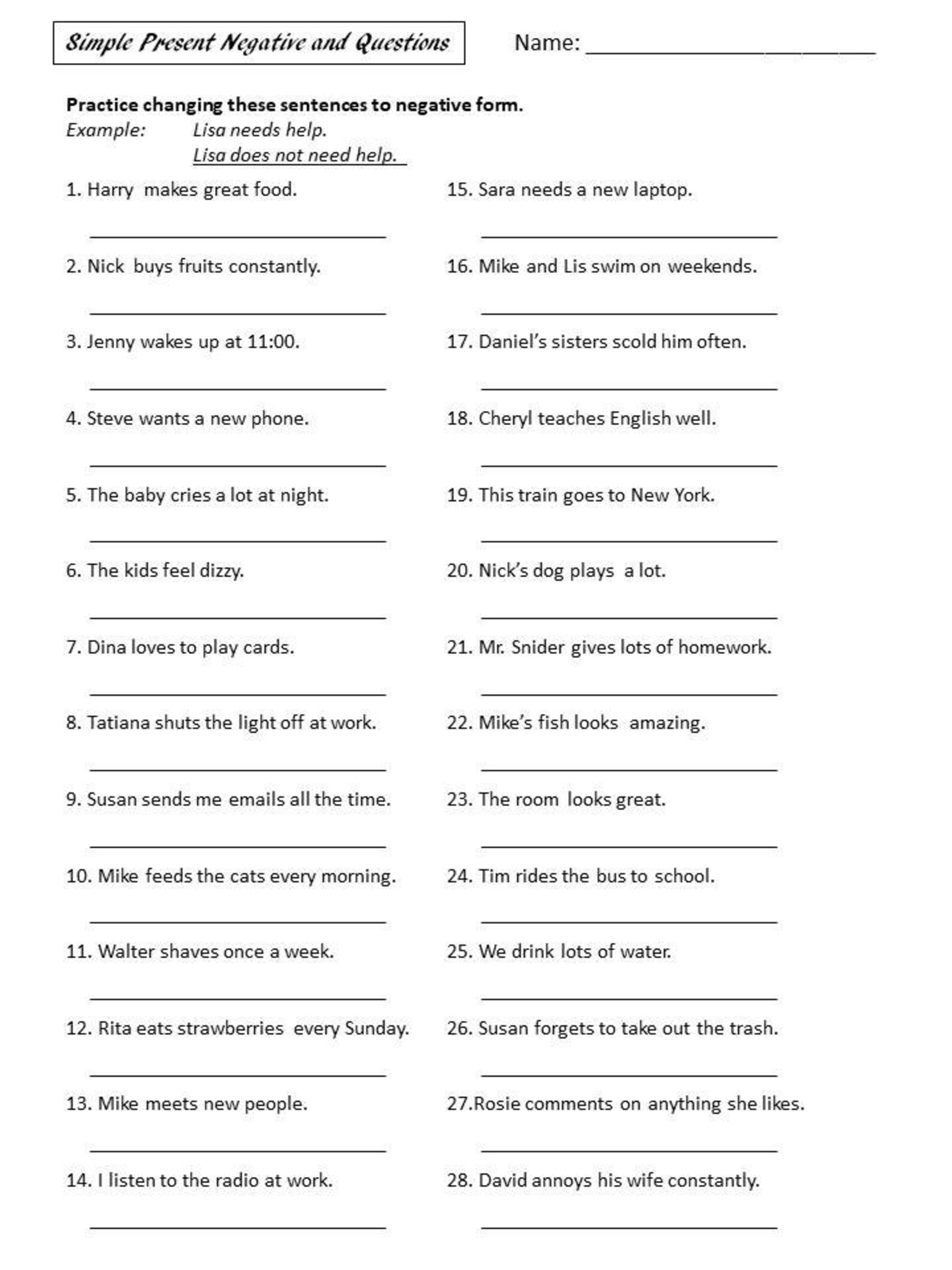 Simple Present Negative and Question Form Practice Printable - Etsy