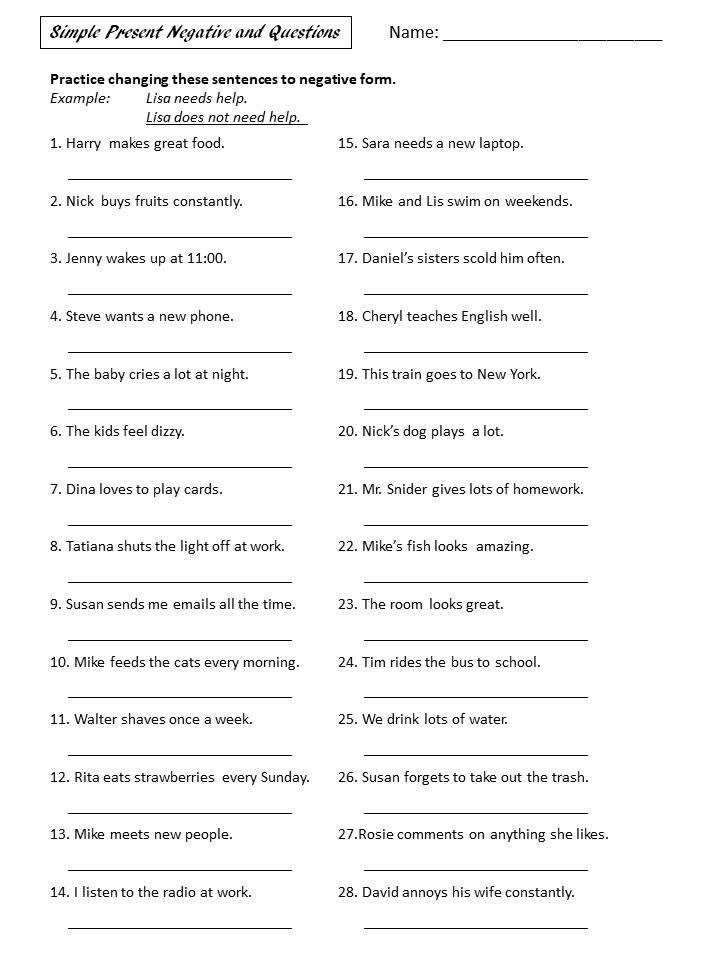 Simple Present Negative and Question Form Practice Printable - Etsy