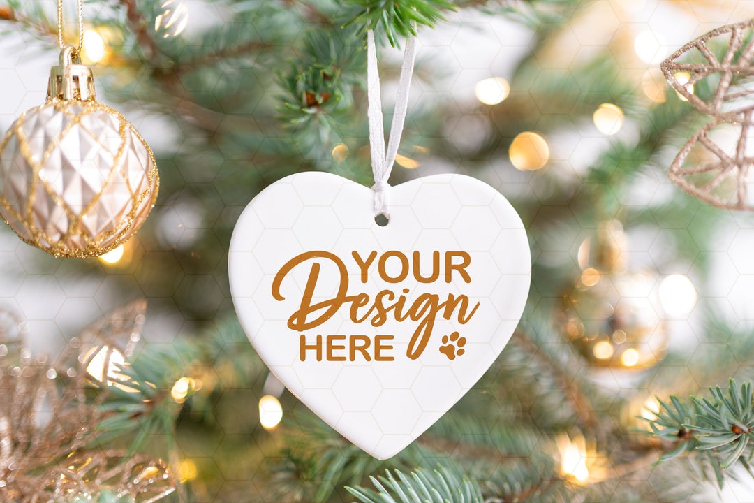 Christmas Ornament Mockup, Heart White Ceramic Ornament, Printify ...