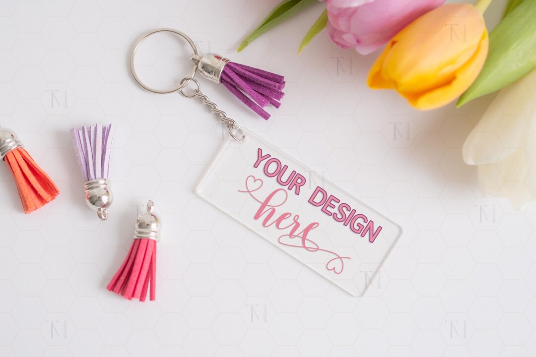Rectangle Acrylic Keychain Mockup, Clear Keychain With Tassel ...