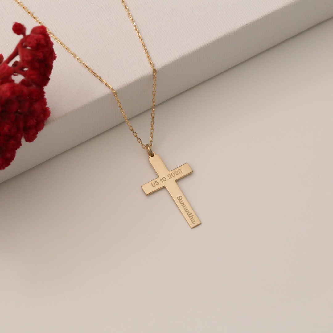 Cross Name&date Necklace, Baptism Gift, Personalized Catholic Necklace ...