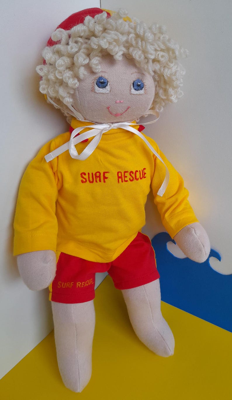 Handmade Boy Rag Doll 45cm Surf Life Saver Curly Fair Hair & Blue Eyed ...