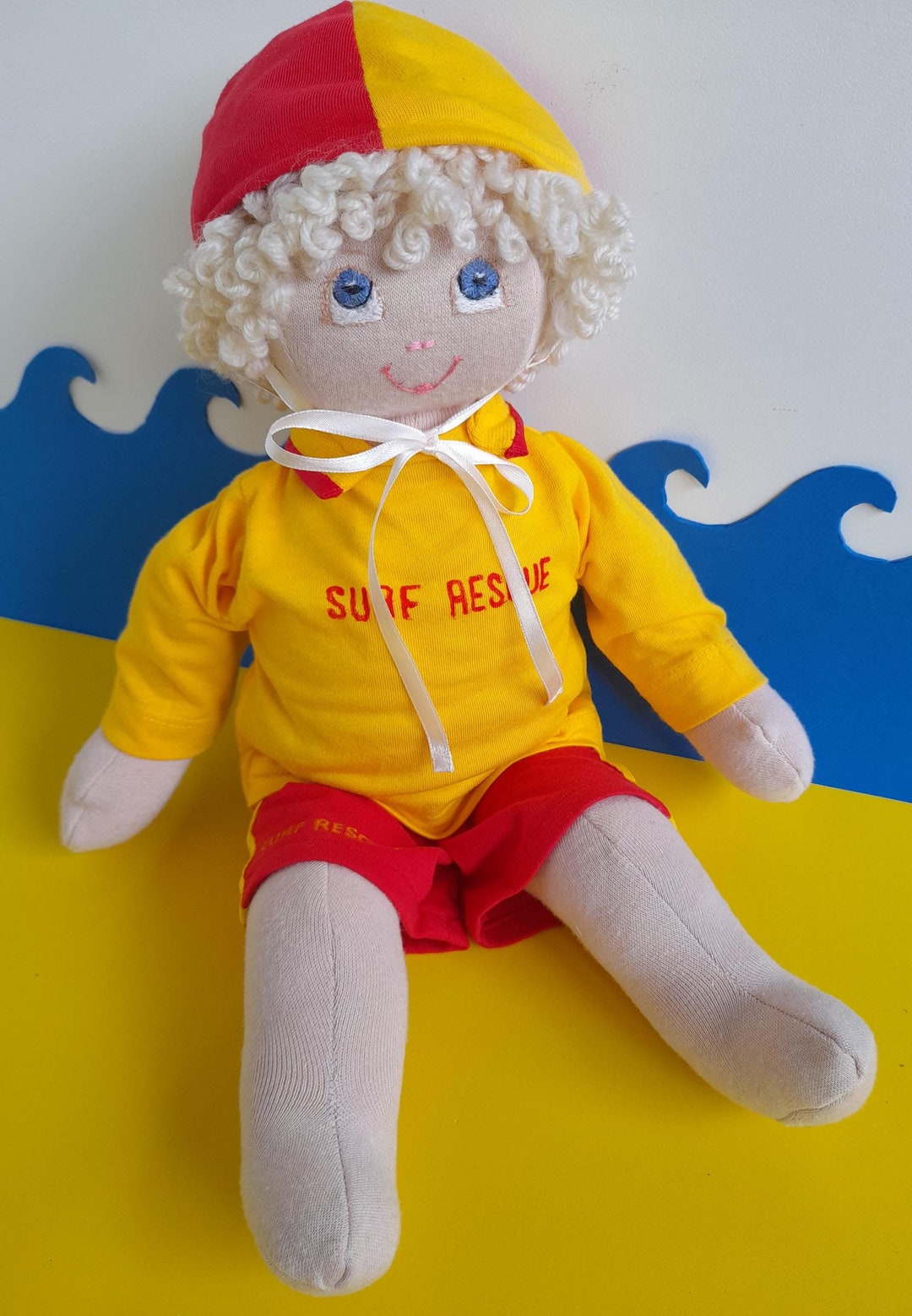 Handmade Boy Rag Doll 45cm Surf Life Saver Curly Fair Hair & Blue Eyed ...