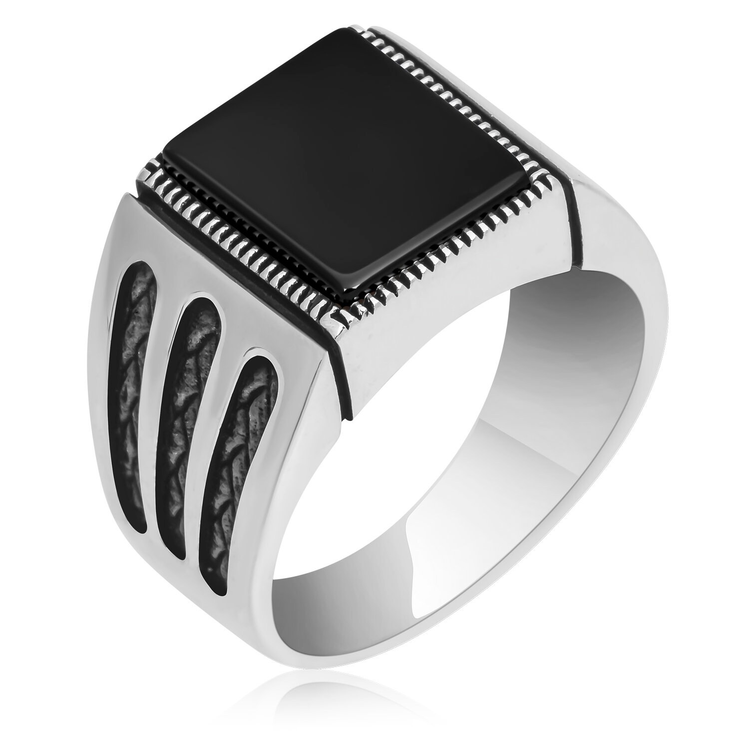 Masculine Black Square Gemstone Ring, Black Onyx Stone Silver Ring ...