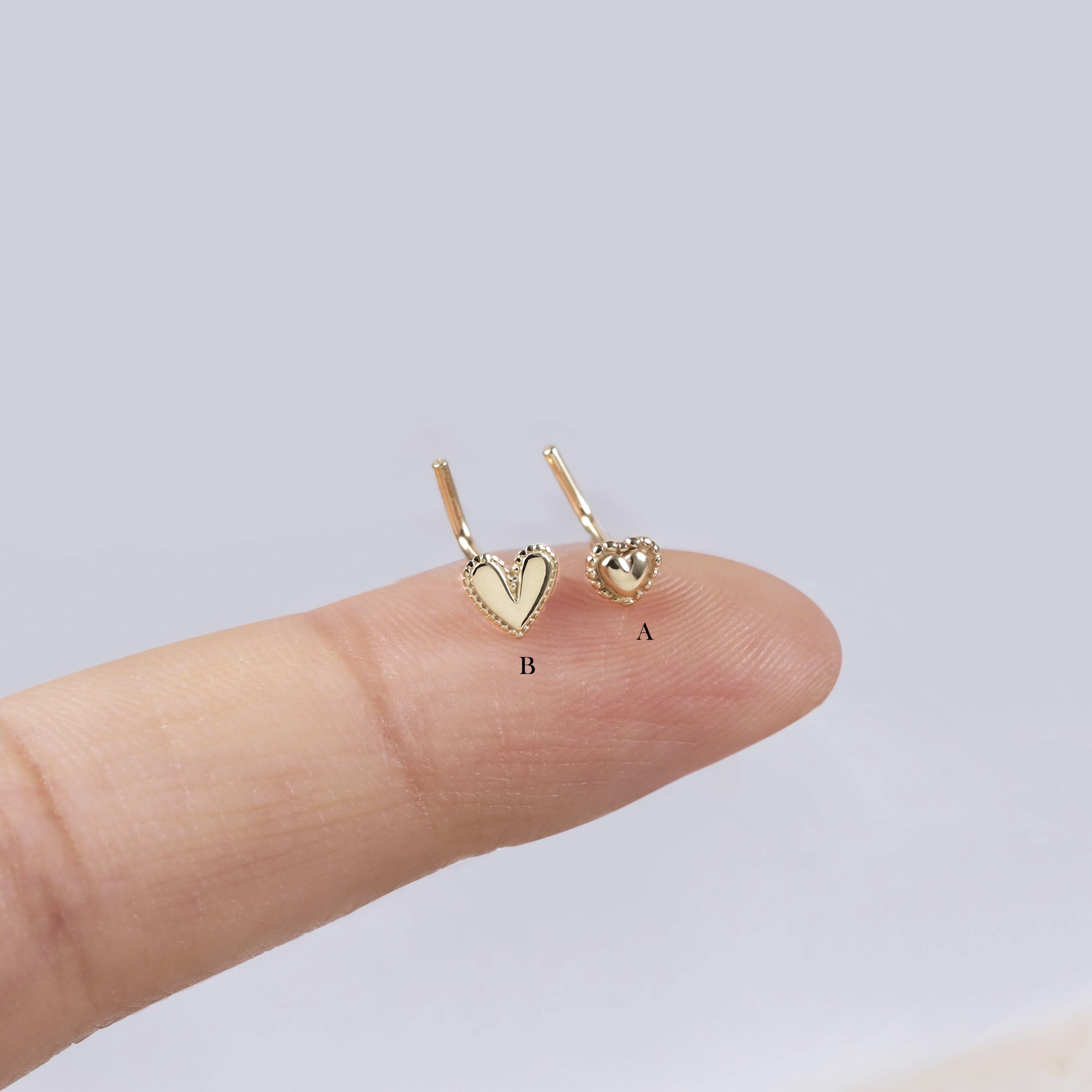 14k Solid Gold Heart L Shaped Nose Stud Gold Heart Screw Nose Ring ...