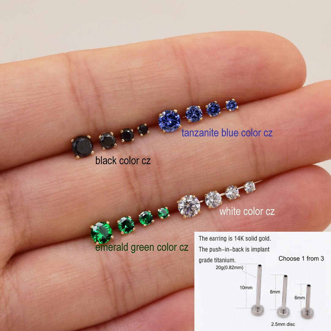 14k Solid Gold Color Stone Stud Earring 2mm 2.5mm 3mm 4mm Stone Tiny ...