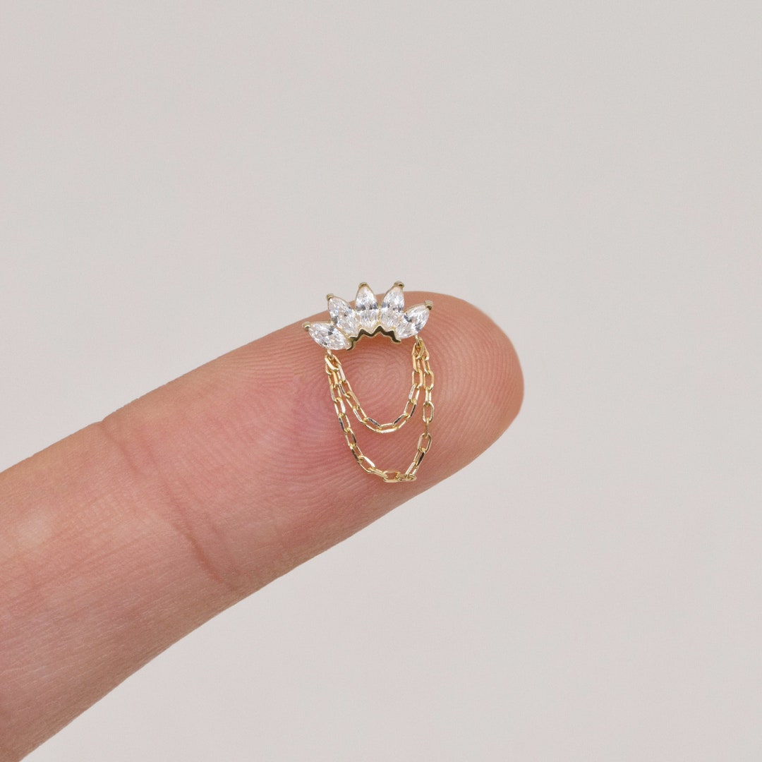 14k Solid Gold Double Chain Crown Cartilage Stud Dangle Chain Stud ...