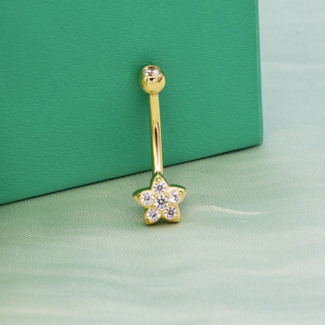 14k Solid Gold Dainty Star Belly Button Ring Star Navel Etsy